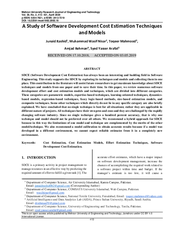 (PDF) A Study of Software Development Cost Estimation Techniques and Models