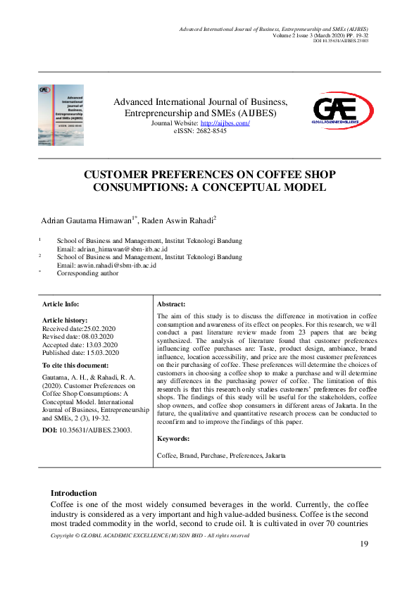 (PDF) Customer Preferences on Coffee Shop Consumptions: A Conceptual Model