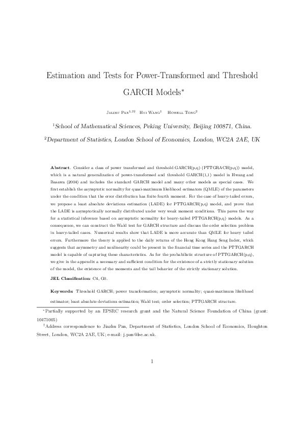 (PDF) Estimation and tests for power-transformed and threshold GARCH models