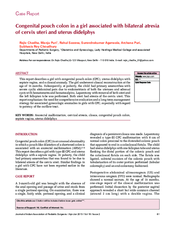 (PDF) Congenital pouch colon in a girl associated with bilateral ...