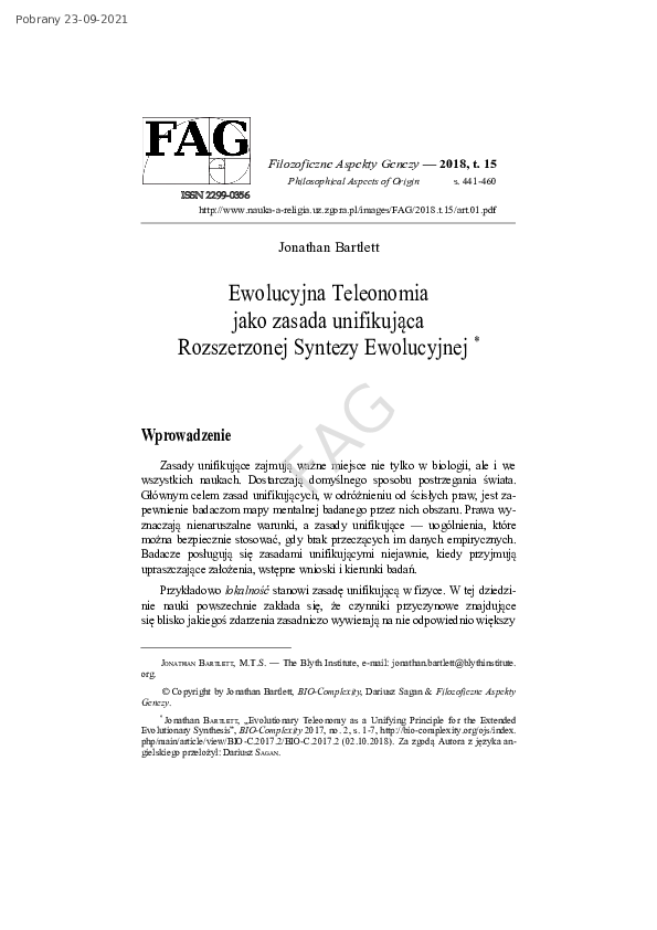 (PDF) Ewolucyjna Teleonomia jako zasada unifikująca Rozszerzonej ...
