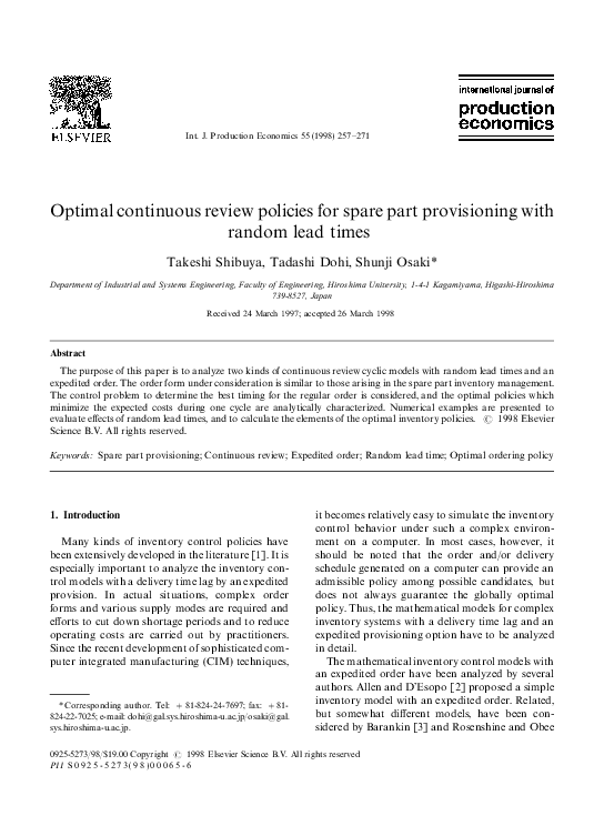 (PDF) Optimal continuous review policies for spare part provisioning ...