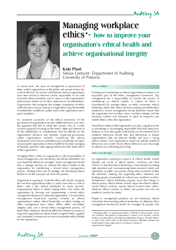(PDF) Managing workplace ethics : how to improve your organisation's ethical health and achieve ...