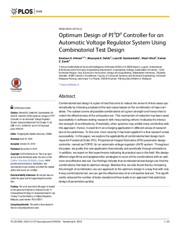 (PDF) Optimum Design of PI λ D μ Controller for an Automatic Voltage Regulator System Using ...