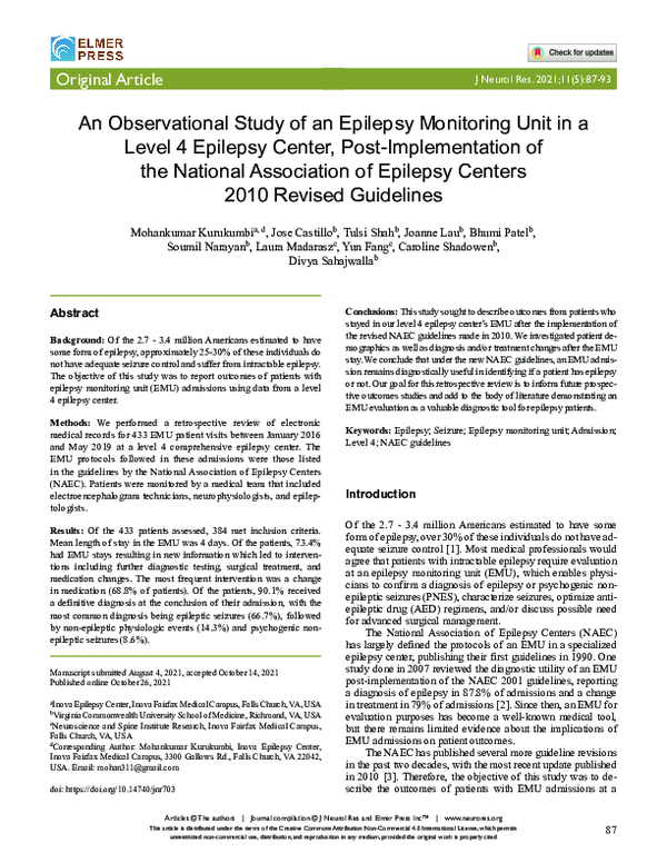 (PDF) An Observational Study of an Epilepsy Monitoring Unit in a Level ...