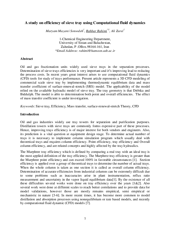 (PDF) A study on efficiency of sieve tray using Computational fluid dynamics