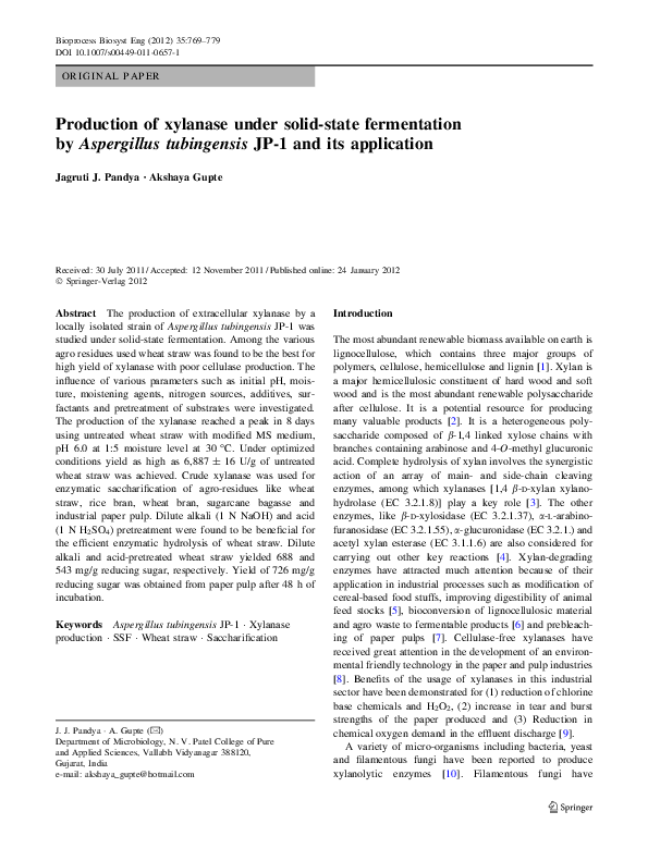 (PDF) Production of xylanase under solid-state fermentation by Aspergillus tubingensis JP-1 and ...
