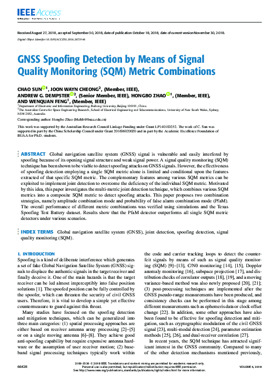 (PDF) GNSS Spoofing Detection by Means of Signal Quality Monitoring (SQM) Metric Combinations