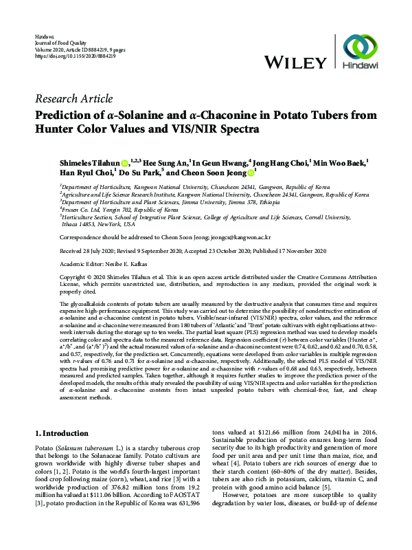 (PDF) Prediction of α-Solanine and α-Chaconine in Potato Tubers from ...