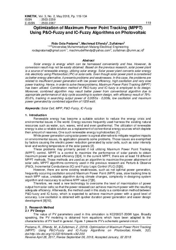 (PDF) Optimization of Maximum Power Point Tracking (MPPT) of Photovoltaic System using ...