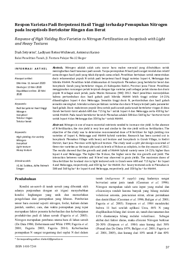 (PDF) Respon Varietas Padi Berpotensi Hasil Tinggi terhadap Pemupukan ...
