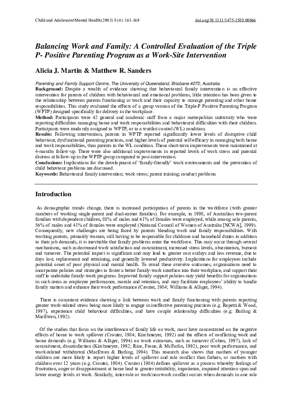 (PDF) Balancing Work and Family: A Controlled Evaluation of the Triple ...