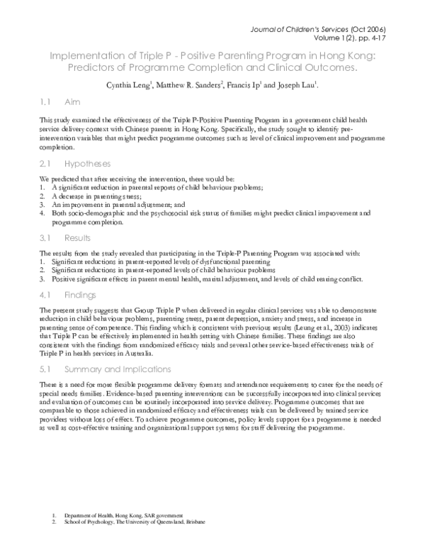 (PDF) Implementation of Triple P‐Positive Parenting Program in Hong ...