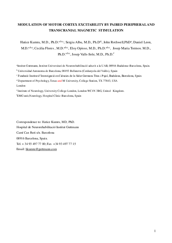 (PDF) Modulation of motor cortex excitability by paired peripheral and ...