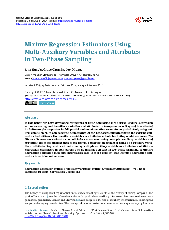 Pdf Mixture Regression Estimators Using Multi Auxiliary Variables And Attributes In Two Phase