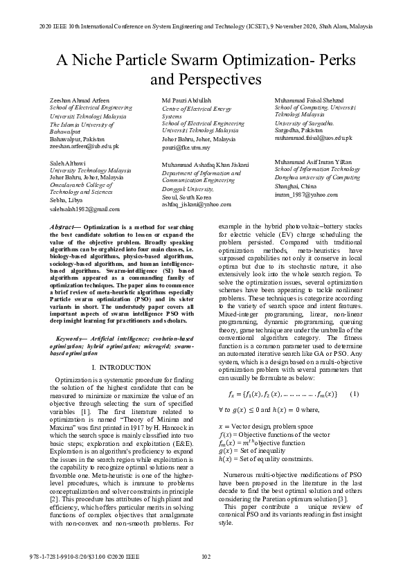 (PDF) A Niche Particle Swarm Optimization-Perks and Perspectives