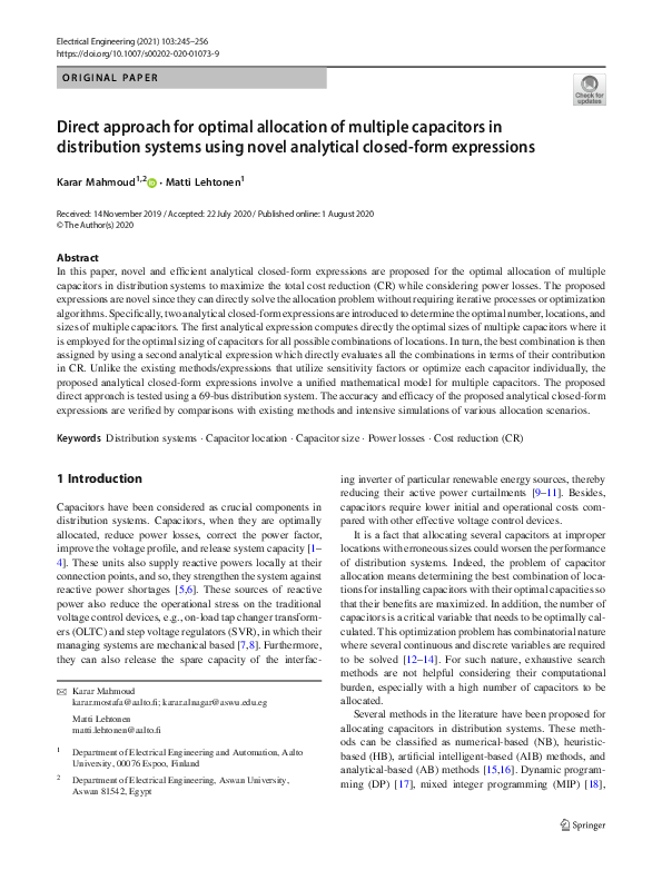 Pdf Direct Approach For Optimal Allocation Of Multiple Capacitors In Distribution Systems 5260
