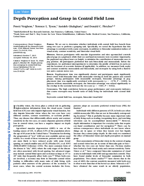 (PDF) Depth Perception and Grasp in Central Field Loss