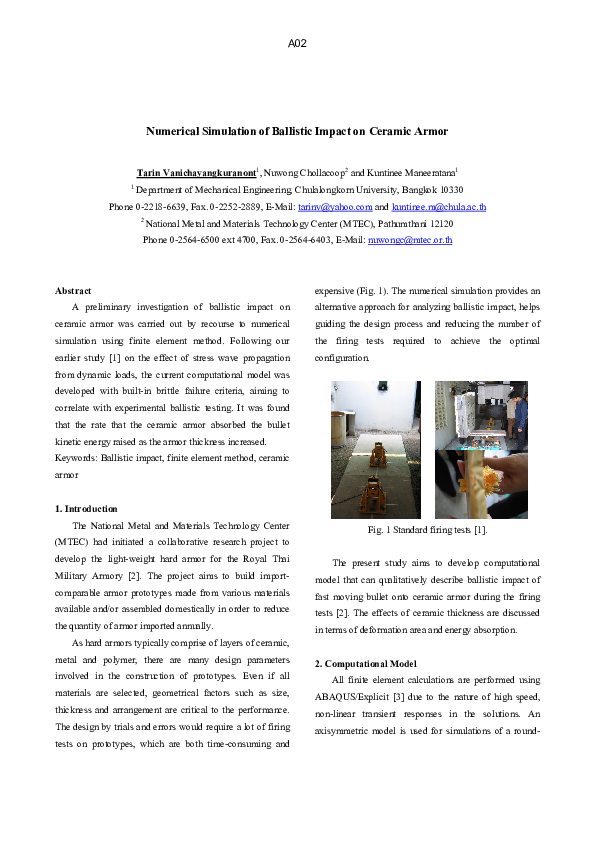 Pdf Numerical Simulation Of Ballistic Impact On Ceramic Armor