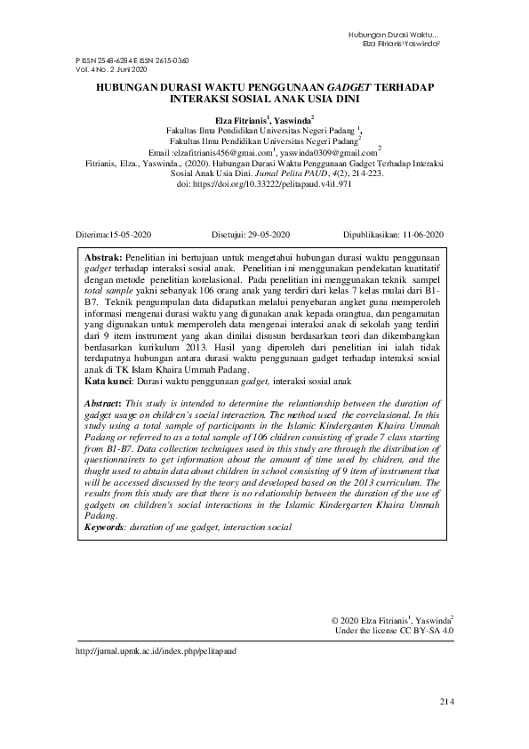 (PDF) Hubungan Durasi Waktu Penggunaan Gadget Terhadap Interaksi Sosial Anak Usia Dini