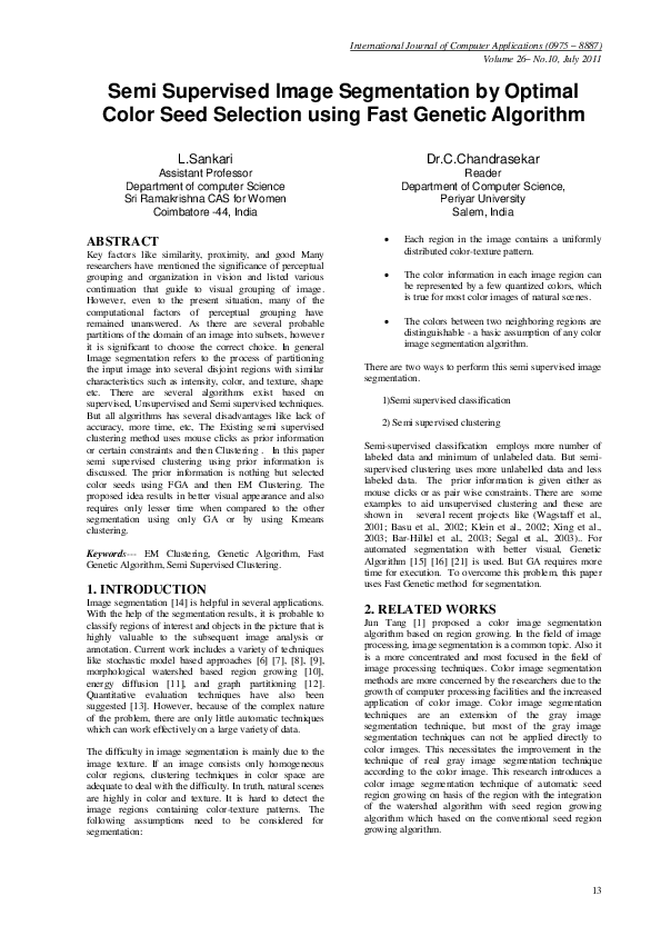 (PDF) Semi Supervised Image Segmentation by Optimal Color Seed Selection using Fast Genetic ...