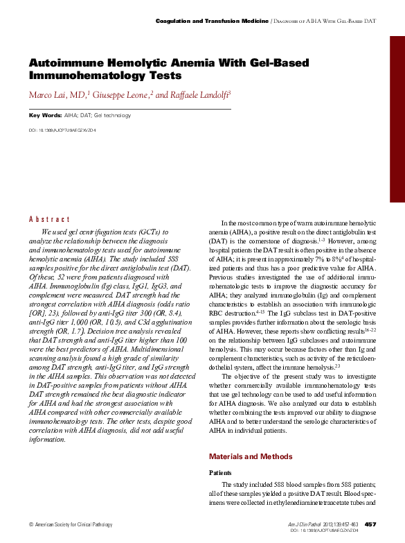 (PDF) Autoimmune Hemolytic Anemia With Gel-Based Immunohematology Tests