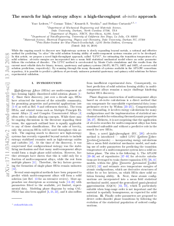 (PDF) The search for high entropy alloys: A high-throughput ab-initio approach | yoav lederer ...