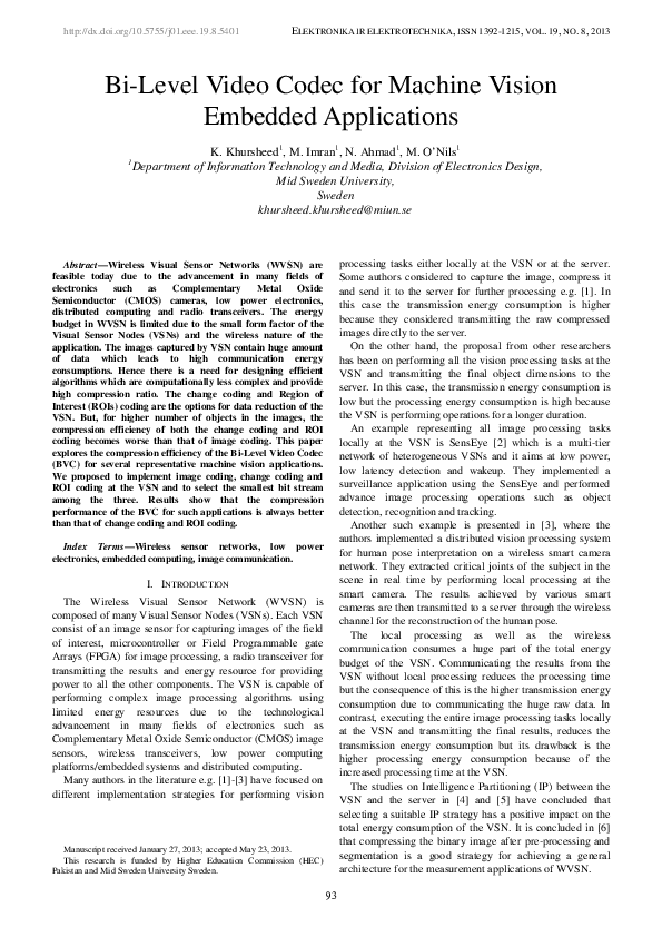 (PDF) Bi-Level Video Codec for Machine Vision Embedded Applications