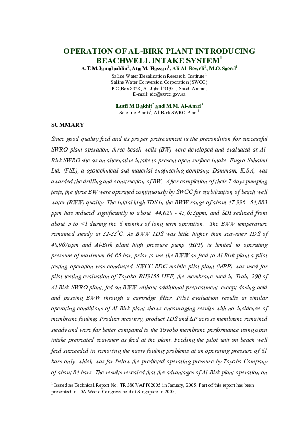 (PDF) Operation of Al-Birk Plant Introducing Beachwell Intake SYSTEM1