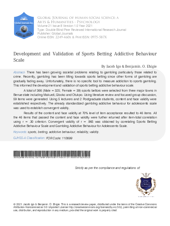 (PDF) Development and Validation of Sports Betting Addictive Behaviour Scale