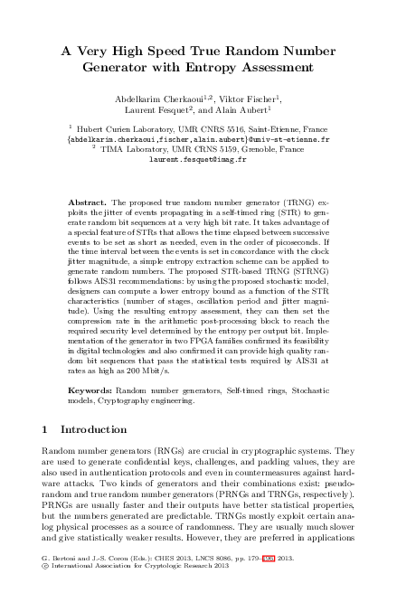 Pdf A Very High Speed True Random Number Generator With Entropy Assessment