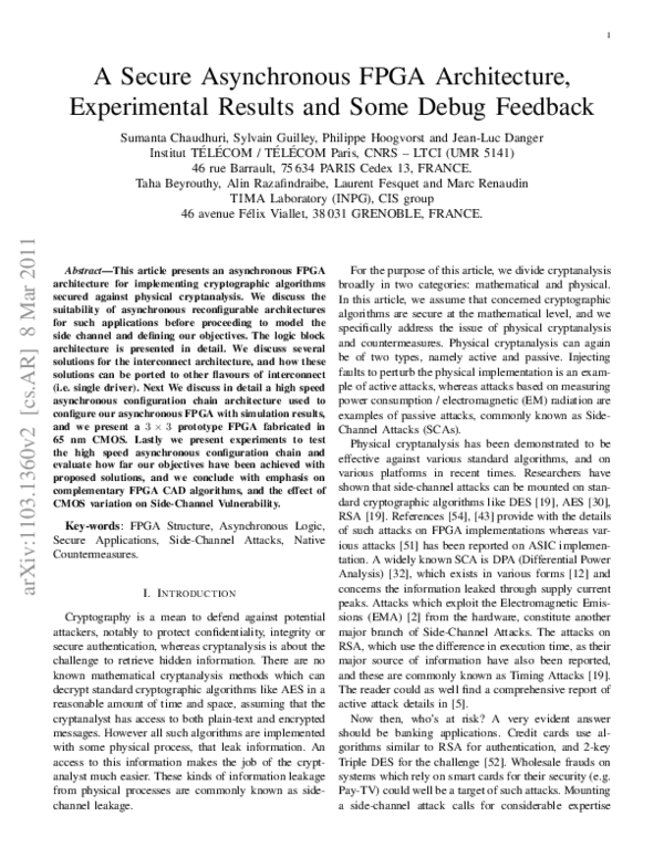 Pdf A Secure Asynchronous Fpga Architecture Experimental Results And Some Debug Feedback