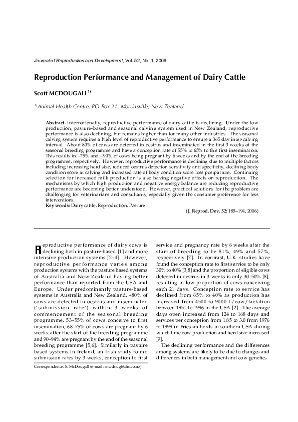 (PDF) Reproduction Performance and Management of Dairy Cattle