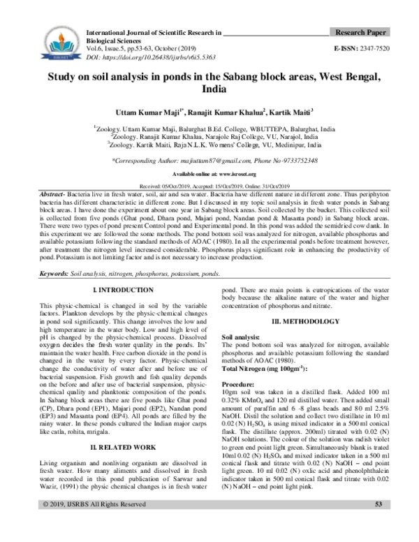 (PDF) Study on soil analysis in ponds in the Sabang block areas, West Bengal, India
