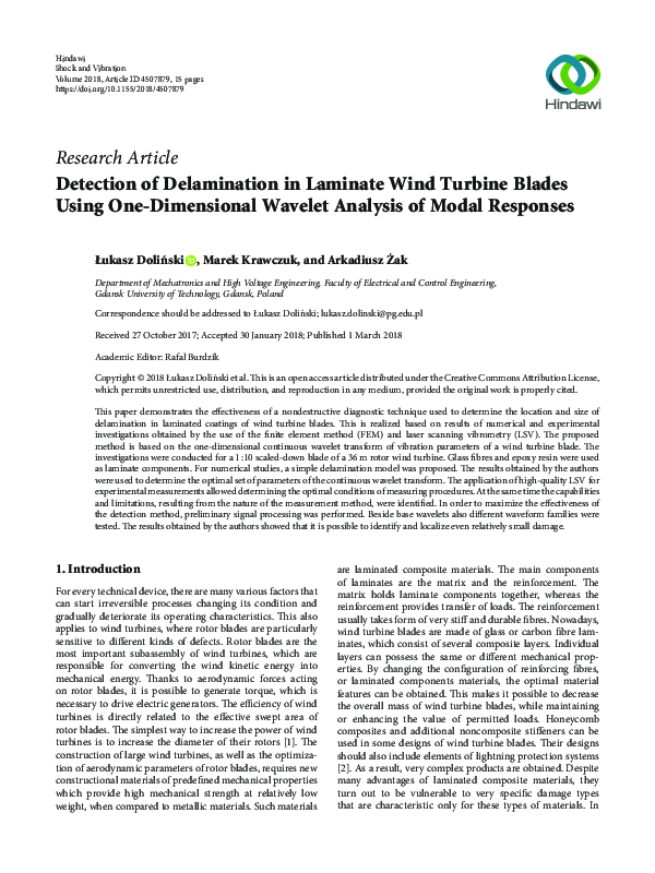 Pdf Detection Of Delamination In Laminate Wind Turbine Blades Using One Dimensional Wavelet