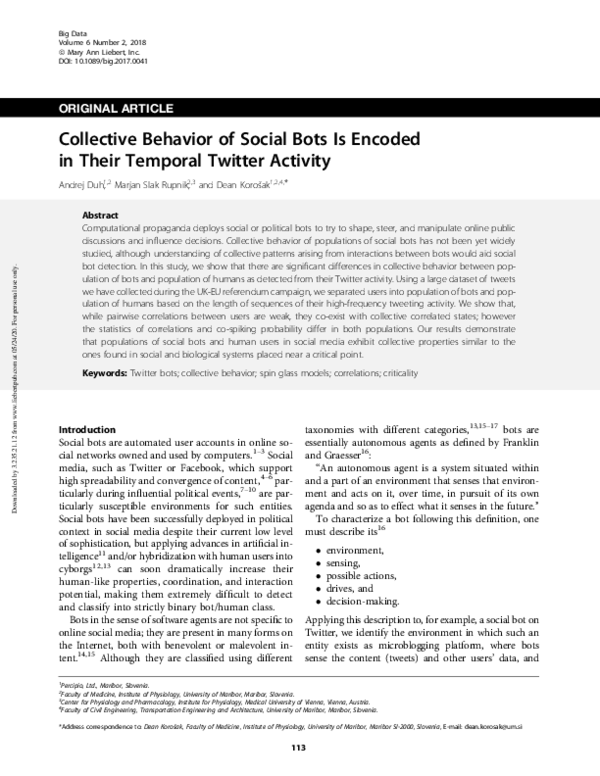 (PDF) Collective Behavior of Social Bots Is Encoded in Their Temporal ...