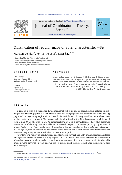 (PDF) Classification of regular maps of Euler characteristic