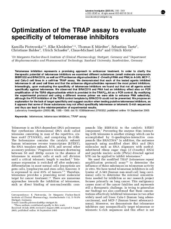 (PDF) Optimization of the TRAP assay to evaluate specificity of ...