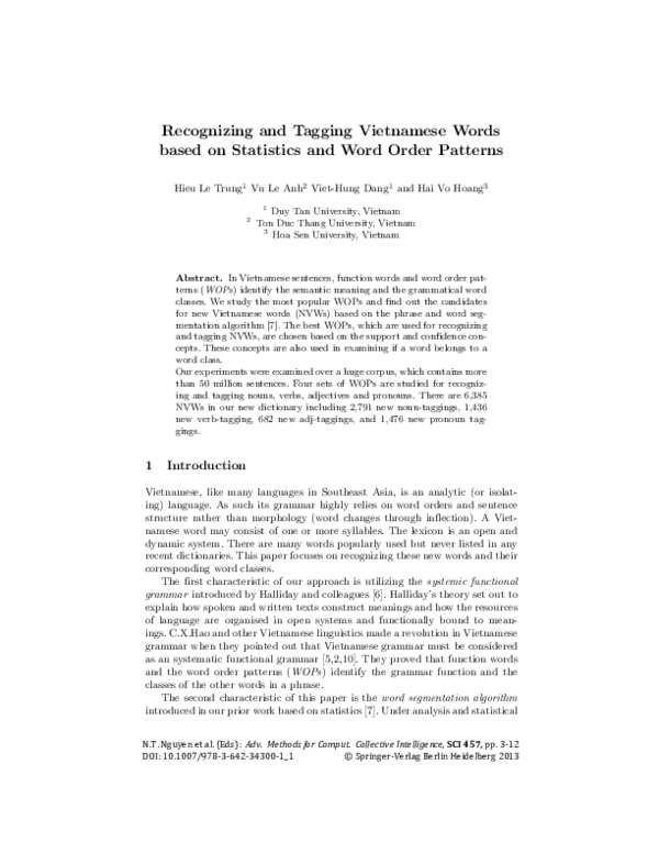 Pdf Recognizing And Tagging Vietnamese Words Based On Statistics And Word Order Patterns 