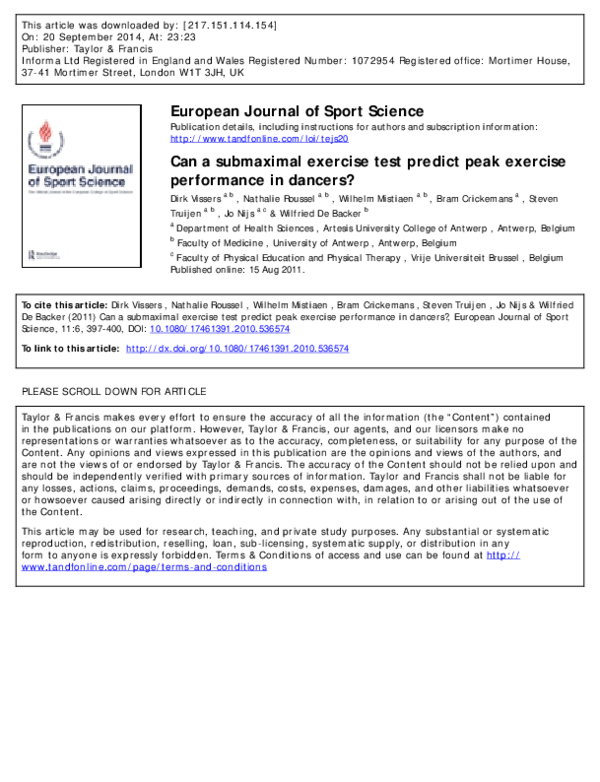 Pdf Can A Submaximal Exercise Test Predict Peak Exercise Performance In Dancers Nathalie