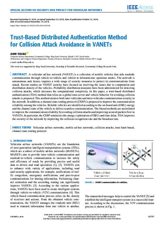 (PDF) Trust-Based Distributed Authentication Method for Collision Attack Avoidance in VANETs