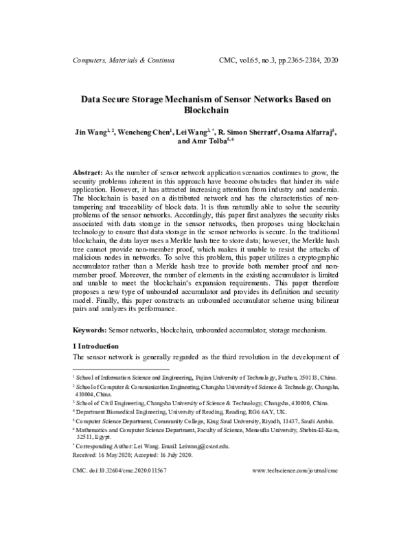 (PDF) Data Secure Storage Mechanism of Sensor Networks Based on Blockchain