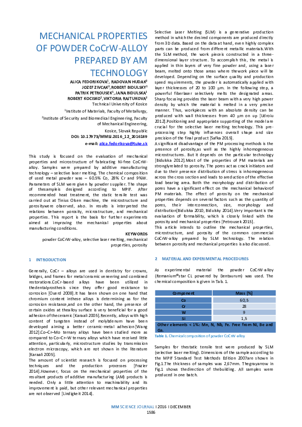 (PDF) MECHANICAL PROPERTIES OF POWDER CoCrW-ALLOY PREPARED BY AM TECHNOLOGY