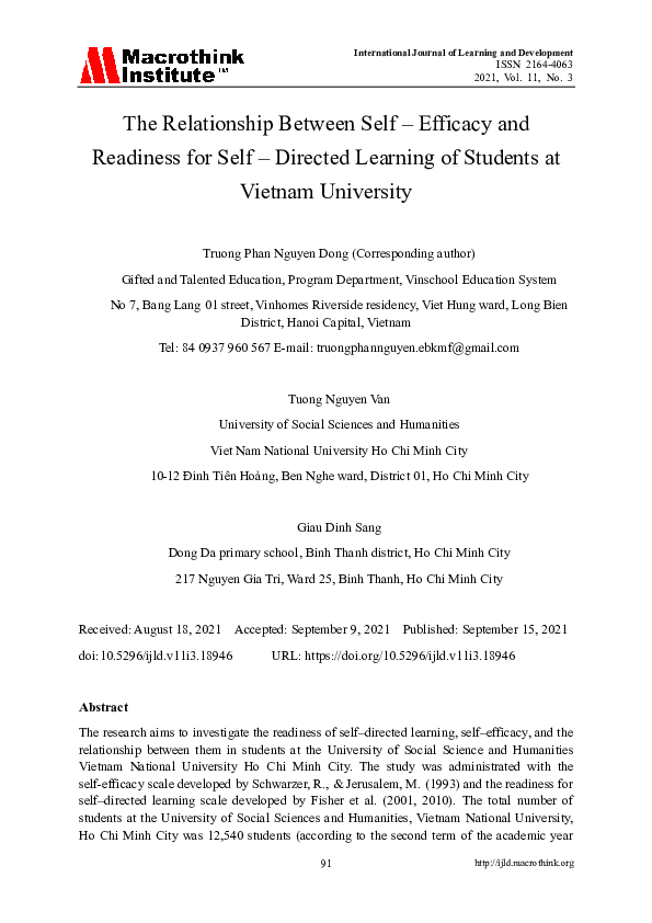 (PDF) The Relationship Between Self – Efficacy and Readiness for Self – Directed Learning of ...