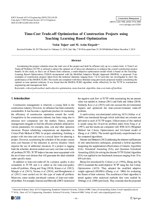 (PDF) Time-Cost Trade-off Optimization of Construction Projects using Teaching Learning Based ...