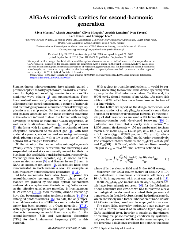 (PDF) AlGaAs microdisk cavities for second-harmonic generation