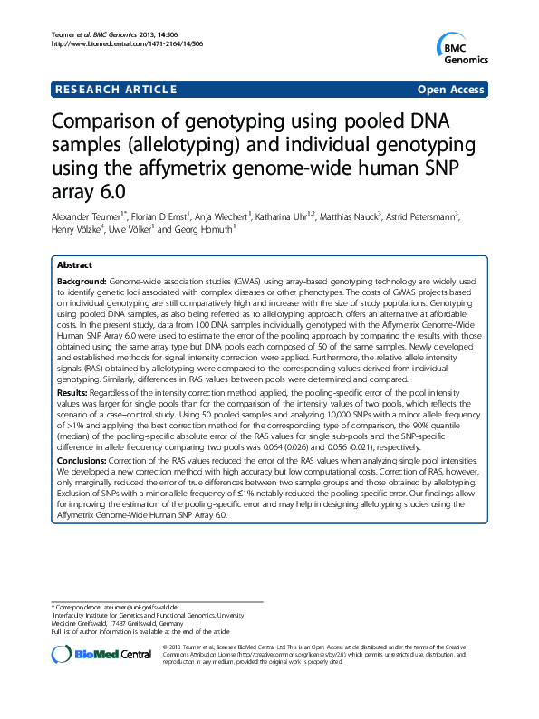 Pdf Comparison Of Genotyping Using Pooled Dna Samples Allelotyping And Individual Genotyping