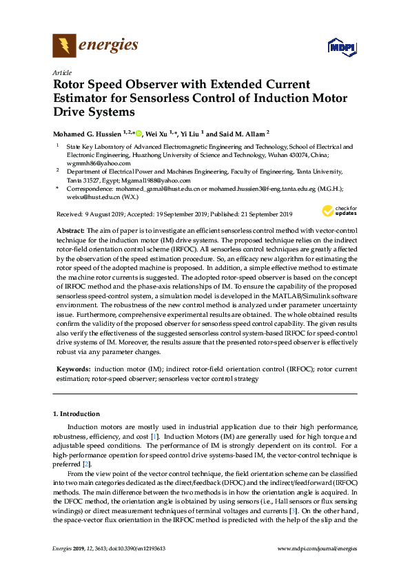 Pdf Rotor Speed Observer With Extended Current Estimator For Sensorless Control Of Induction