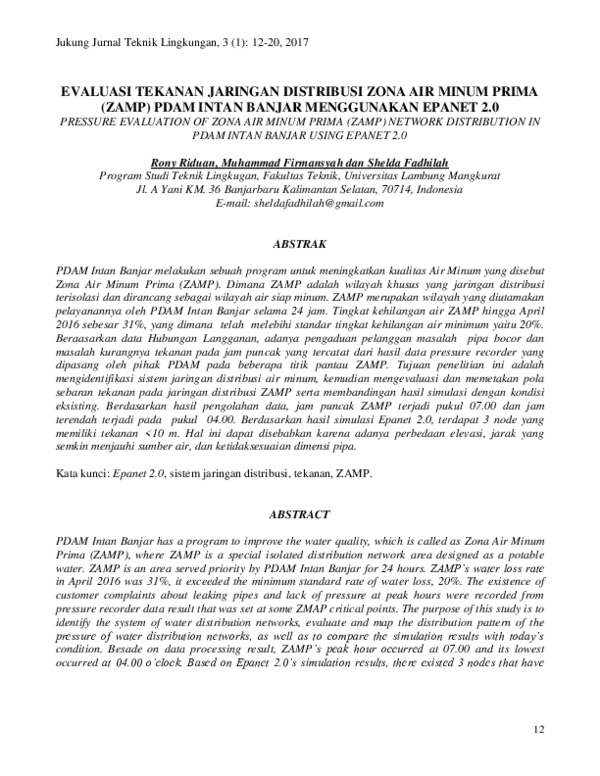 (PDF) Evaluasi Tekanan Jaringan Distribusi Zona Air Minum Prima (Zamp ...