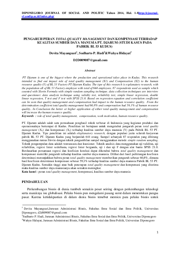 (PDF) Pengaruh Peran Total Quality Management Dan Kompensasi Terhadap Kualitas Sumber Daya ...
